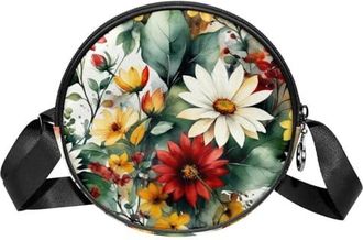 Generic Petit sac &agrave; bandouli&egrave;re circulaire pour femme, motif feuilles florales, sac &agrave; dos avec fermeture &eacute;clair, bretelles r&eacute;glables, sac &agrave; main rond d&eacute;contra
