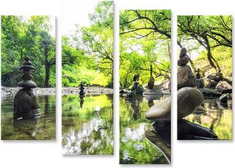 Islandburner Bild auf Leinwand Steine Gleichgewicht im Wald am ruhigen Flussufer reflektiert Bilder Wandbilder 130x80cm