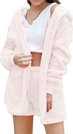 Minetom Femmes Ensemble de Trois Pieces Pyjamas Chaud Velours V&ecirc;tements de Nuit en Polaire Doux Veste Sweat &agrave; Capuche D&eacute;bardeur Shorts Beige S