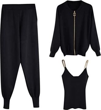 Minetom Femmes Ensemble de Survêtement de Trois Pieces Survêtement Casual Uni Tricoté Pullover Débardeur Zippés Cardigan et Pantalon 3pcs A Noir XS
