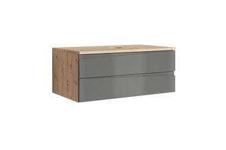 Byliving Waschtisch Shape/Moderne Bad Kommode/Front Hochglanz Anthrazit / 2 Schubladen mit gefr&auml;ster Griffleiste/Korpus Melamin Eiche-Optik/Schrank/B 80, H 33,