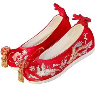 Generic QXDZSW Chaussures de mariage traditionnelles à semelle plate brodée avec semelle souple style ethnique perles gland rétro Phoenix Hanfu, Rouge, 37.5 E
