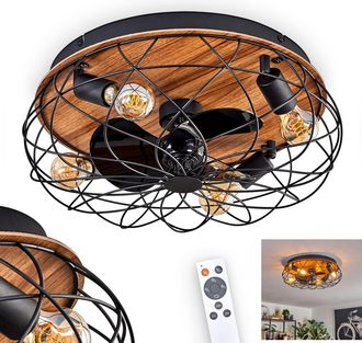 HOFSTEIN LED Deckenventilator Tourais, Ventilator aus Metall/MDF in Schwarz/Holzoptik, Deckenleuchte im Retro/Vintage-Design in Gitter-Optik, Lichteffekt u. Fe