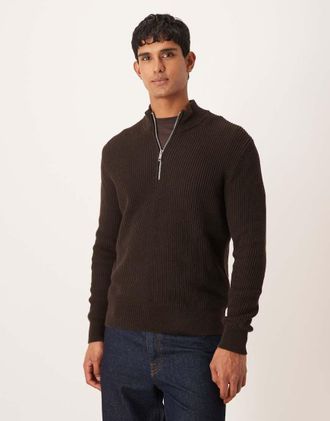Mango Gerippter Pullover aus Baumwolle in Braun mit kurzem Reißverschluss-Brown