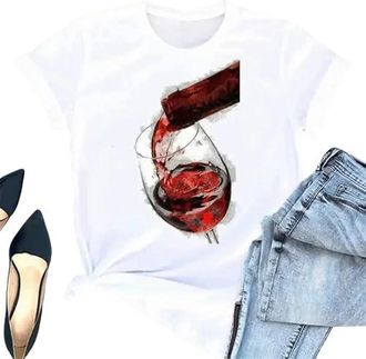 Keephen Verre &agrave; Vin Rouge F&ecirc;te &agrave; Boire T-Shirt Impression 3D Femmes Manches Courtes Col Rond Pullover Casual Vacances Tops
