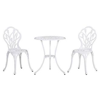 OUTSUNNY Ensemble Salon de Jardin 2 Places 2 chaises + Table Ronde Fonte daluminium Imitation Fer forgé Blanc