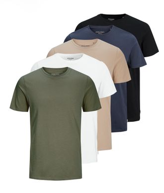 Jack & Jones Herren JJEORGANIC Basic Tee SS O-Neck 5PK T-Shirt, Kurzarm, White+Black+Navy Blazer+Dusty Olive+Crockery, XXXL