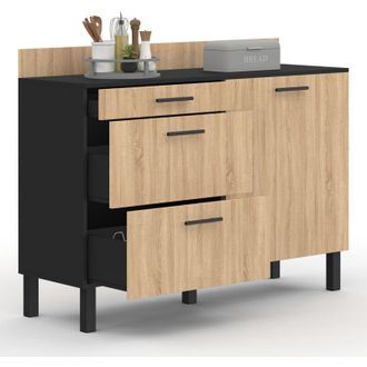 IDMarket Buffet bas de cuisine 120 cm casserolier cina plan de travail H.83 cm 1 porte + 3 tiroirs noir et fa&ccedil;on h&ecirc;tre