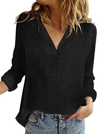 Onsoyours Chemisier Femme Manches Longues Décontracté Chic Vintage Coton et Lin Baggy Tops Casual Oversize Manche Longue Col en V Chemisie Z1 Noir M, (SG220120P
