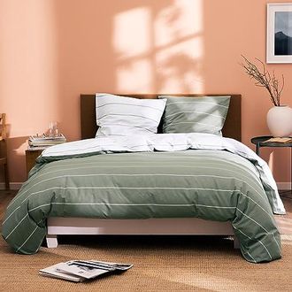 Matt & Rose Parure de Lit 200x200 cm Stripes Imprimée Réversible | 100% Coton | Oeko-TEX | Housse de Couette 200x200 cm + 2 Taies doreiller 65x65 cm | Lichen