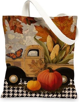 Generic Sacs fourre-tout en toile dautomne, motif camion vintage, sacs dépicerie réutilisables, sacs dépicerie légers et lavables, sacs en toile pour salle de