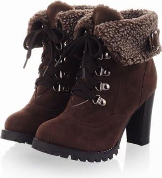 Generic Bottines Femme Doubl&eacute;es en Polaire Dessus en Daim Bout Rond La&ccedil;age avec Bride &Agrave; Boucle Talons Hauts Blocs &Agrave; Enfiler Chaussures Hiver D&eacute;contract&eacute;es,Mar