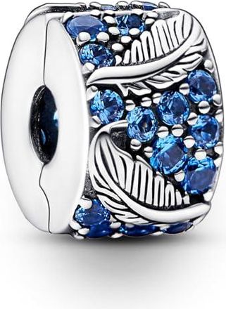 Pandora Geschwungene Feder & Pavé-Clip aus Sterling-Silber mit Cubic Zirkonia in der Farbe Silber-Blau, PANDORA Moments Kollektion, 792552C01
