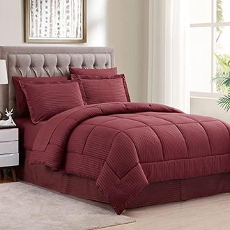 Sweet Home Collection 2 taies doreiller, 2 taies doreiller et Jupe de lit pour Toutes Les Saisons, Microfibre brossée Fine/Rembourrage 100% Fibre, Bordeaux Dobby, Grand lit