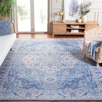 Safavieh Traditionell Teppich für Maschinenwaschbar und rutschfest - Ideal für stark frequentierte Bereiche - Tucson Collection, Kurzer Flor, Hellblau und Blau