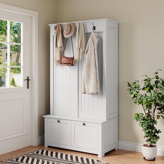 Generic Garderobenschrank Wei&szlig; Schuhschrank mit Schiebet&uuml;ren Kompaktgarderobe Flur Modern Kleiderschrank Schmal mit Kleiderhaken & Schuhregal Dielenschrank Ha