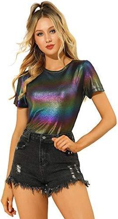 Allegra K Femme Fête Métallique Textured Short Manche Brillant Multicolore Top Multicolore XL