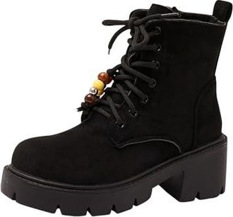 Generic Bottes &agrave; lacets pour femme - Style d&eacute;contract&eacute; et &eacute;l&eacute;gant - Bout rond - Talon &eacute;pais - Antid&eacute;rapant - Fermeture &eacute;clair lat&eacute;rale - Confortables - Noir e