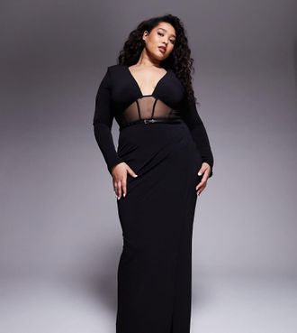 Asos Curve ASOS DESIGN Curve - Robe mi-longue &agrave; manches longues avec empi&egrave;cements en tulle - Noir