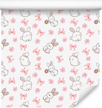OEM Carta Da Parati Con Conigli Nei Colori Bianco, Corallo E Grigio Chiaro Per Soggiorno E Camera Da Letto, 50x1000