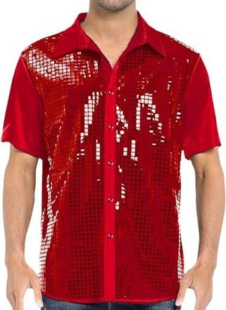 Generic Chemise &agrave; manches courtes pour homme avec col &agrave; revers scintillant - Chemise boutonn&eacute;e &agrave; paillettes - Coupe d&eacute;contract&eacute;e et confortable - V&ecirc;tements de