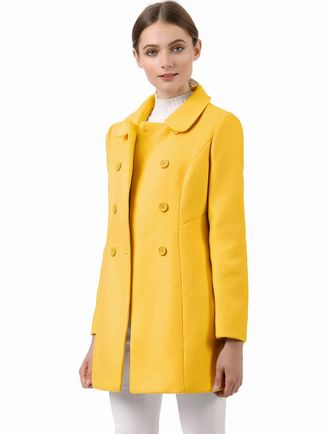 Allegra K Damen Mantel mit Peter-Pan-Kragen, zweireihig, Winter, langer Trenchcoat, senfgelb, M