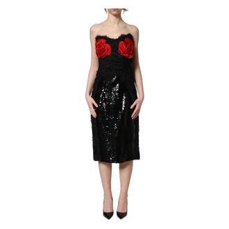 Dolce & Gabbana Tr&auml;gerloses- paillettenbesetztes Midikleid mit Rosenmuster - - Dresses - Damen - Schwarzk - XS