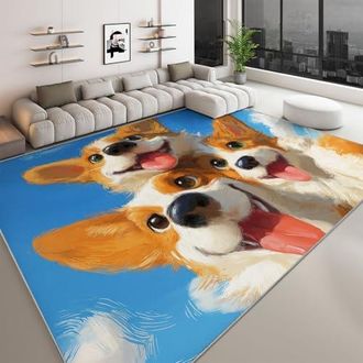 Generic Tapis Salon Bleu pour Lavable, Mignon Animaux Anime Corgi Tapis &agrave; Poils Courts Doux et Antid&eacute;rapant pour Chambre Cuisine Salle de Bains H&ocirc;tel Restaura