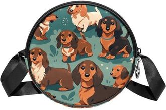 Generic Petit sac &agrave; bandouli&egrave;re circulaire pour femme, motif teckel avec fermeture &eacute;clair, bretelles r&eacute;glables, sac &agrave; main rond d&eacute;contract&eacute; pour femmes et fil