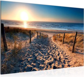 Runa Art Bild Strand Sonnenuntergang Modern Wandbilder Schlafzimmer Wohnzimmer 1 Teilig - Made In Germany - Panorama Beige Blau Flur 018415a