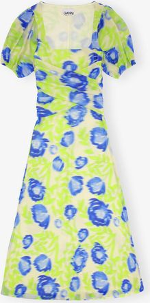 Ganni Robe midi en mesh imprim&eacute; &agrave; manches bouffantes Bleu Nylon Recycl&eacute; - Taille 34 - Pour Femme