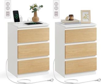 Vasagle Kailyn Collection - Nachttisch mit Steckdosenleiste, 2er Set, Beistelltisch, 3 Schubladen, 2 AC-Steckdosen, 2 USB-A-Anschlüsse, modern, wolkenweiß-man