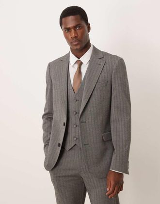 Asos Skinny-Fit-Anzugjacke in Wolloptik in Anthrazitgrau mit Fischgr&auml;tmuster
