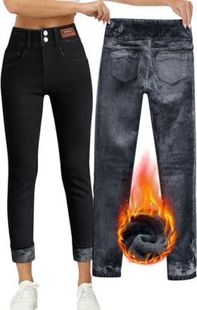 Onsoyours Pantalon Chaud Femme Jean dhiver Doublé en Polaire Taille Haute Jegging Slim Jeans Thermique Denim Legging A Noir XXL
