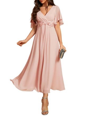 Ever-pretty Abendkleider Damen Elegant für Hochzeit Knöchellang Hochzeitsgäste Kleid Cocktailkleid Festliche Kleider Rosa 58