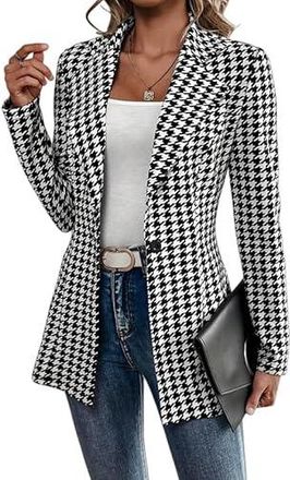 Generic Femme Blazer Blazer Long Pied-De-Poule Femme Coupe &Eacute;l&eacute;gante Et Ajust&eacute;e Revers Crant&eacute; Veste De Tailleur Classique Noire Et Blanche &Agrave; Carreaux Pied-De-P