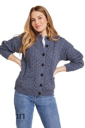 Aran Woollen Mills Irischer Wollfäller-Cardigan-Pullover aus Wolle (Navy, XXL)