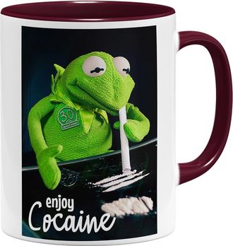 OM3 Enjoy-Frog Kaffee-Tasse Party Party Frosch - Keramik Becher - 325ml - Beidseitig Bedruckt - Bordeaux