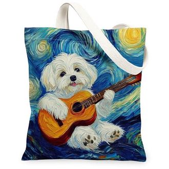 Generic Sac fourre-tout en toile pour le shopping Motif chien maltais 33 x 38 cm, sac d&eacute;picerie r&eacute;utilisable pour femme, animal de compagnie, chiot, peinture 
