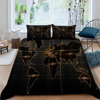 Generic Bettw&auml;sche 140x200 Weltkarte Bettbezug 3D Druck Schwarzes Gold Bettbez&uuml;ge Kuschelig Weich Mikrofaser Deckenbezug 140x200 mit Rei&szlig;verschluss + 2 Kissen