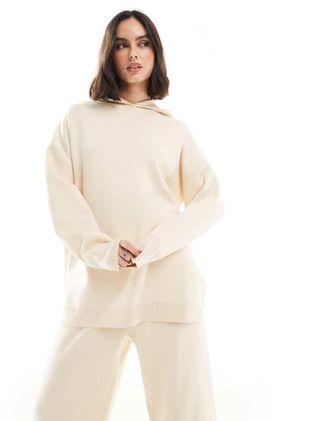 South Beach Sweat à capuche en maille avec ourlet côtelé - Crème-Blanc