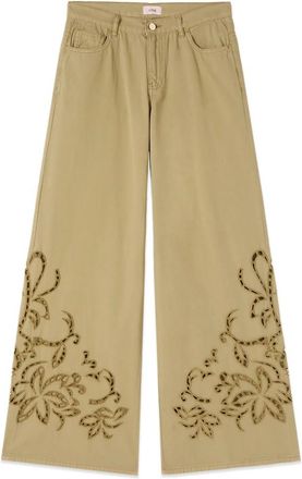 Oltre Femme, Pantalons, Vert, Taille: 50 FR Pantalon Palazzo avec broderie transparente