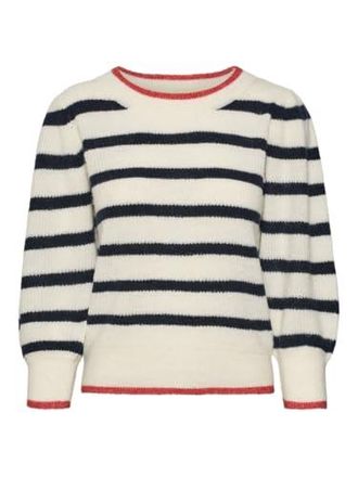 Vero Moda Vero Moda Pull en Tricot VMVIGGA pour Femme, Bouleau/Rayures : Blazer Bleu Marine + Rouge Fiery Contrast, XS