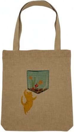 Fabulous Sac Shopping Tote Bag Aspect Lin - Poche Surprise Chat Aquarium Poisson Dessin - Sac de Courses Toile Epaisse 360g Beige Naturel Cabas Port&eacute; Epaule So