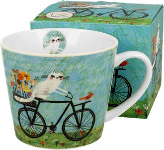 Duo Jumbotasse Becher XXL 610 ml aus Porzellan Trinkbecher Geschenk Büro Tasse für Kaffee Teetasse Cappuccino Kaffeebecher Katzenwelt (Fahrrad)