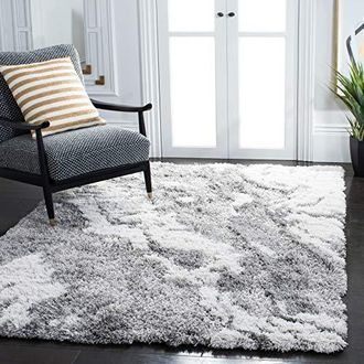 Safavieh Horizon Shag Collection Tapis décoratif - 0,9 x 1,5 m, gris et ivoire, ne seffiloche pas et facile dentretien, 5,1 cm dépaisseur, idéal pour les zones