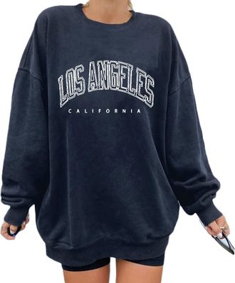 Minetom Pullover Damen Herbst Sweatshirt ohne Kapuze Los Angeles Vintage Drucken Oversized Langarmshirt Rundhals Pulli Oberteile Tops &uuml;bergro&szlig;e A Blau L