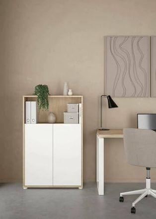 Dmora B&uuml;cherregal Perrine, B&uuml;roregal, Mobiler Buchhalter, B&uuml;cherbrett, 80x34 h124 cm, Eiche und Wei&szlig;