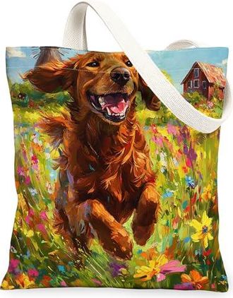 Generic Sac fourre-tout en toile r&eacute;utilisable pour le shopping, 33 x 38,1 cm, motif chien Setter irlandais, chiot de campagne, sac d&eacute;picerie, sac d&eacute;picerie po