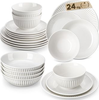 Malacasa LEILA Geschirrset 6 Personen, 24-tlg Teller Set 6 Personen, Porzellan Geschirr Set mit handgefertigtem Reliefdesign, mikrowellen- und spülmaschinenfes